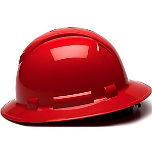 Pyramex Ridgeline Full Brim Hard Hat, 4-Point Ratchet Suspension, Red