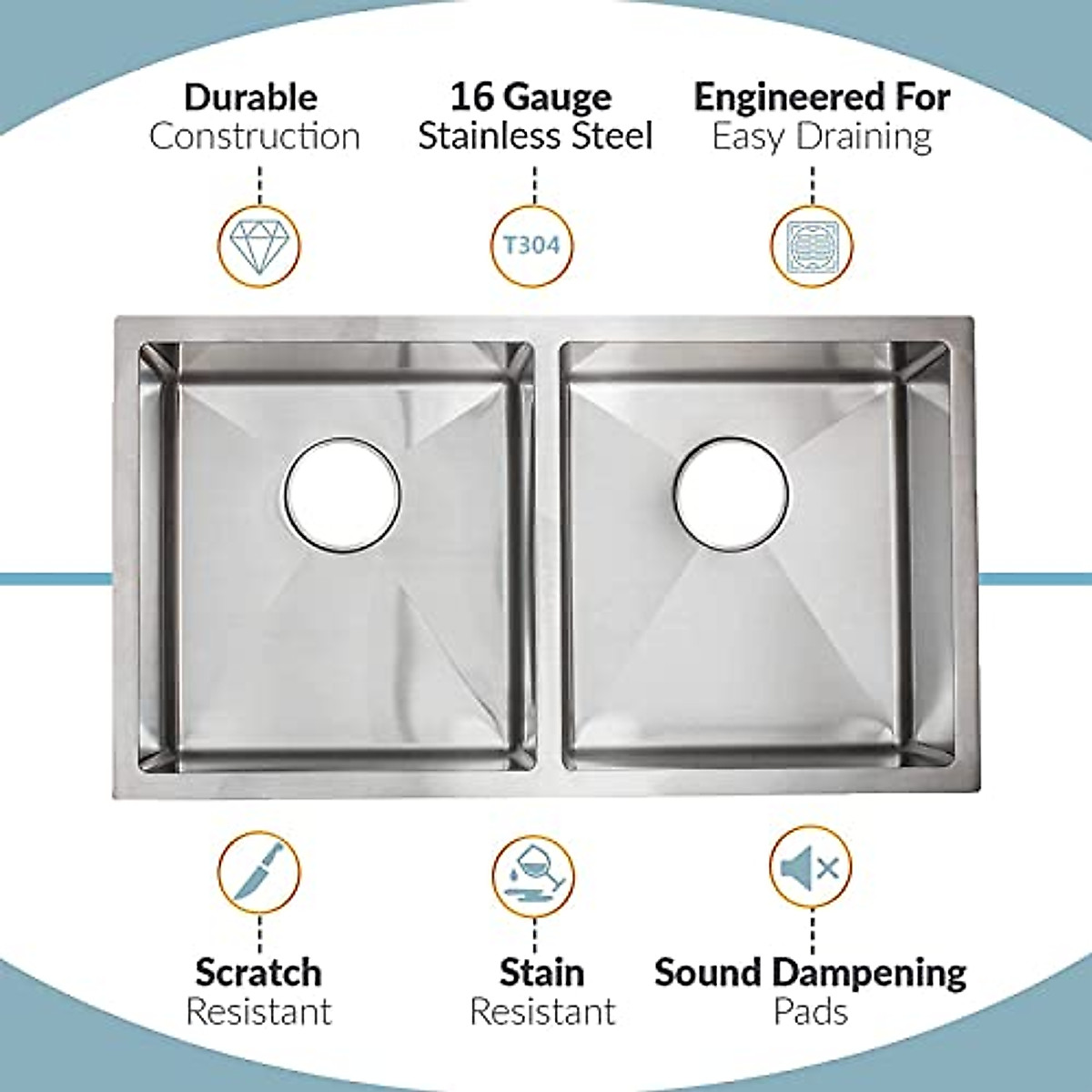 Strictly Sinks 32 Inch Double Bowl Kitchen Sink - Undermount Kitchen Sink Tight Radius 50/50 Double Bowl with Sound Dampening Rubber Pads, 2 Strainer Drains Only