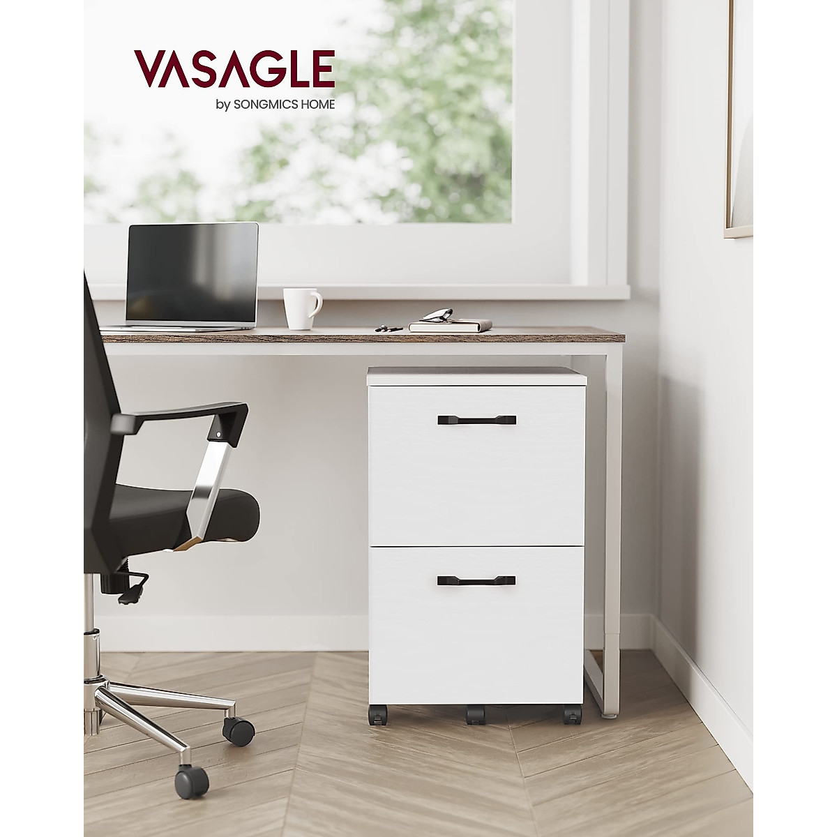 VASAGLE 2-Drawer File Cabinet, Filing Cabinet for Home Office, Small Rolling File Cabinet, Printer Stand, for A4, Letter-Size Files, Hanging File Folders, Modern Style, White UOFC040W46