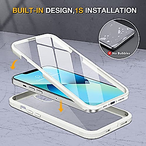 Miracase Glass iPhone 13 Case 6.1 inch, 2023 Upgrade Full-Body Clear Bumper Case with Built-in 9H Tempered Glass Screen Protector for iPhone 13,Rice White