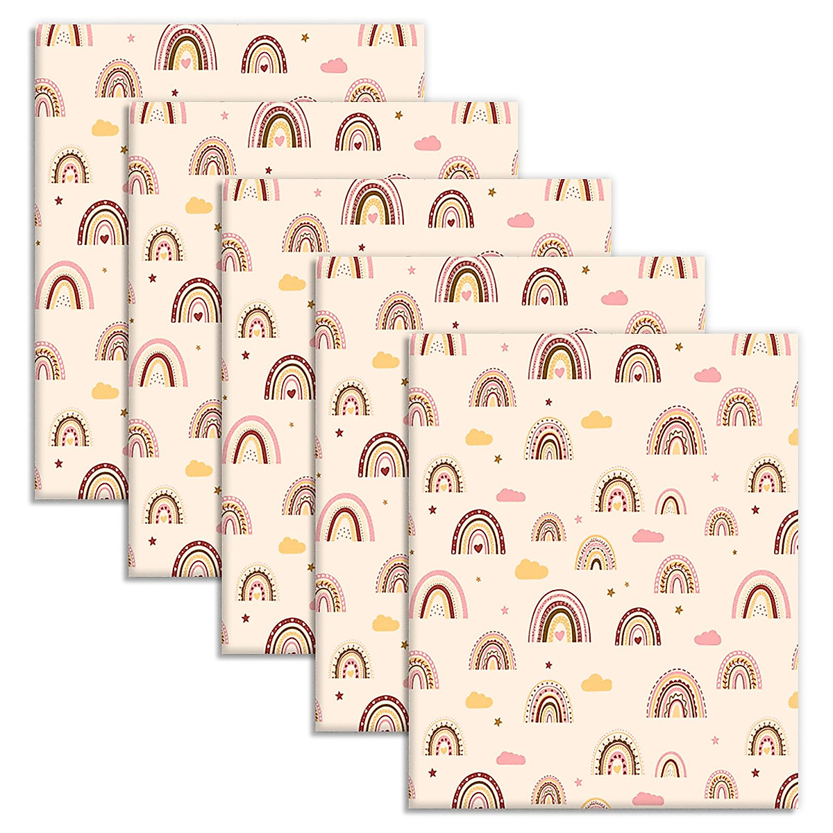 Whaline 5Pcs Boho Rainbow Cotton Fabric Bundles 18 x 22 Inch Rainbow Star Cloud Fat Quarters Boho Theme Quilting Patchwork Squares Sewing Fabrics for DIY Handmade Crafting Home Party Decor