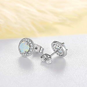 White Gold Plated Opal Stud Earrings for Women and Girl,Cubic Zirconia Halo Opal Jewelry for Women(Sparkly Round -Shape)