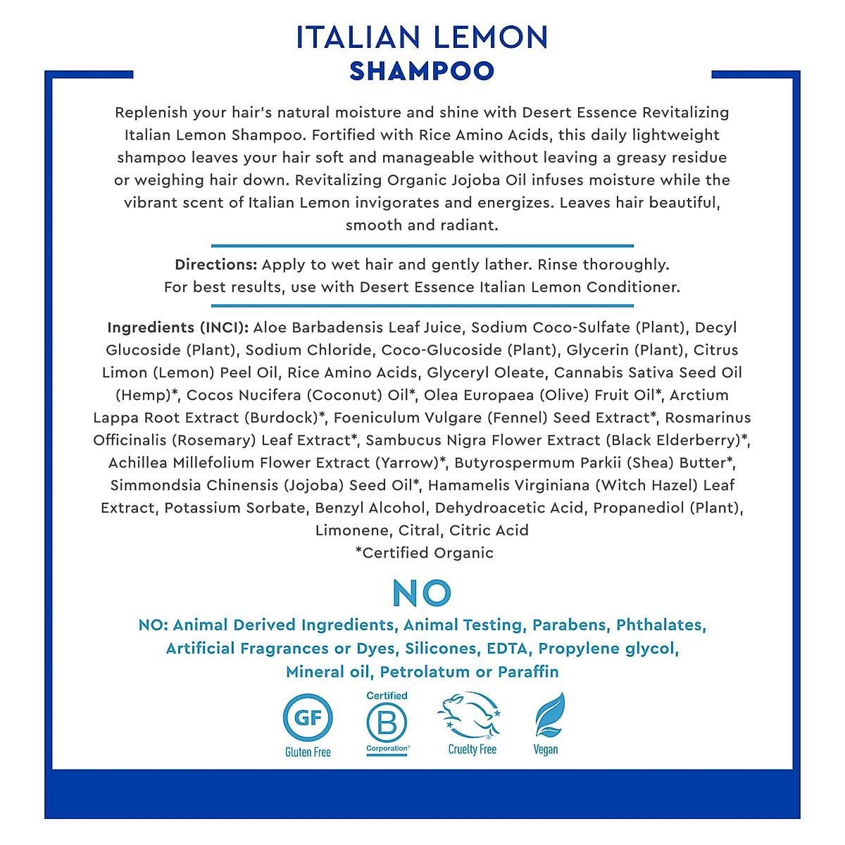 Desert Essence Italian Lemon Shampoo - 8 Fl Oz - Revitalizing - Adds Volume - Shine - Strength Scented - Certified Organic - Aloe Vera - B-complex Vitamins - Cruelty Free - No Parabens