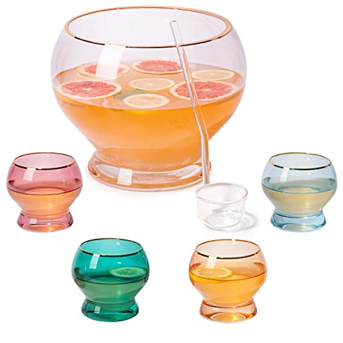 Colorful 1.7 Gallon Punch Bowl with 4 10oz Glasses Set with Ladle Gift For Mothers Day, Her, Wife, Mom, Friend - Colored Set Margarita, Cocktails, Juice, Punch Drink bowl for Parties, Weddings