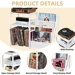 LELELINKY Record Player Table,Turntable Shelf with Vinyl Storage Up to 150 Albums,White Side Table with 3 Tier Magazine Periodical Book Rack,Wide Metal Record Holder Cabinet for Room Office
