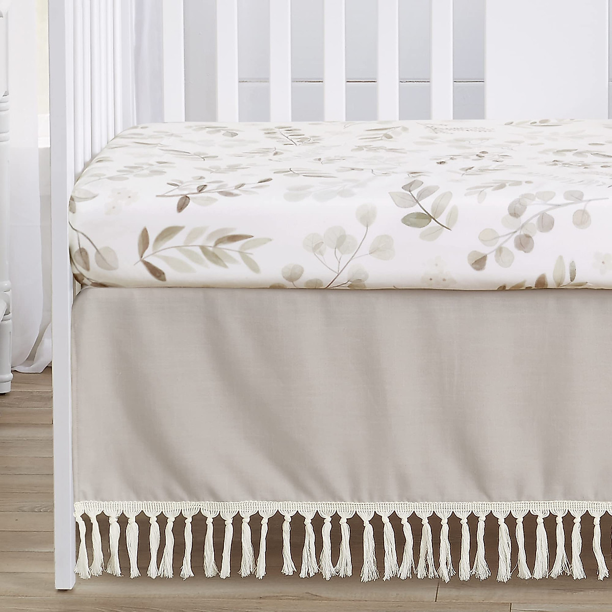 Sweet Jojo Designs Boho Botanical Leaf Baby Boy Girl Nursery Crib Bedding Set - 4 Pieces - Gender Neutral Ivory Cream Beige Tan Off White Taupe Linen Woodland Farmhouse Floral Leaves Bohemian Garden