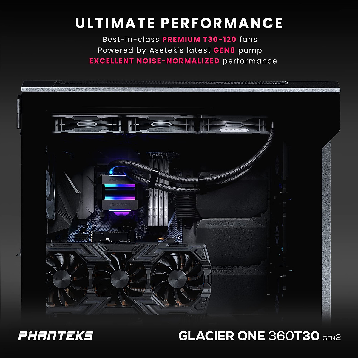 Phanteks (PH-GO360T30_DAG02) Glacier One 360T30 Gen 2 D-RGB AIO Liquid CPU Cooler, 360mm Radiator, Infinity Mirror Pump Cap Design, Aluminum Covers, 3X T30-120 Premium High-Performance Fans, Black