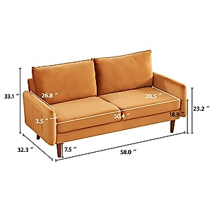 Dreamsir 58'' Mid Century Modern Sofa, Small Love Seats for Small Spaces, Velvet Couch with Two Storage Bags, Velvet Sofa for Living Room & Apartment (Loveseat, Ginger)