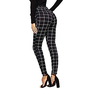 WDIRARA Women's Stretchy Plaid Print Pants Soft Skinny Regular Fashion Leggings Black-2 L