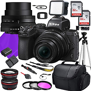 Nikon Intl. Nikon Z50 DX Mirrorless Camera with NIKKOR Z DX 16-50mm f3.5-6.3 VR Lens + 64GB Memory + Tripod + Accessory Bundle (22 Total Pieces), Black