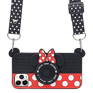 iPhone 12 Case, iPhone 12 Pro Case, Cute 3D Camera Case with Polka Dots Lanyard, Soft Silicone Case for Teens Girls Women for iPhone 12/12 Pro 6.1 inch 2020 Black/Red