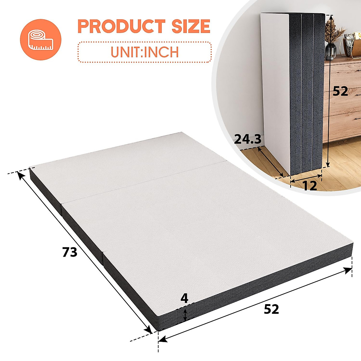 4 inch Folding Memory Foam Mattress Tri Fold Mattress with Washable Mesh Cover, Portable Mattress Topper Non-Slip Bottom Camping Guest Bed Breathable Memory Foam Topper, CertiPUR-US Certified, Full