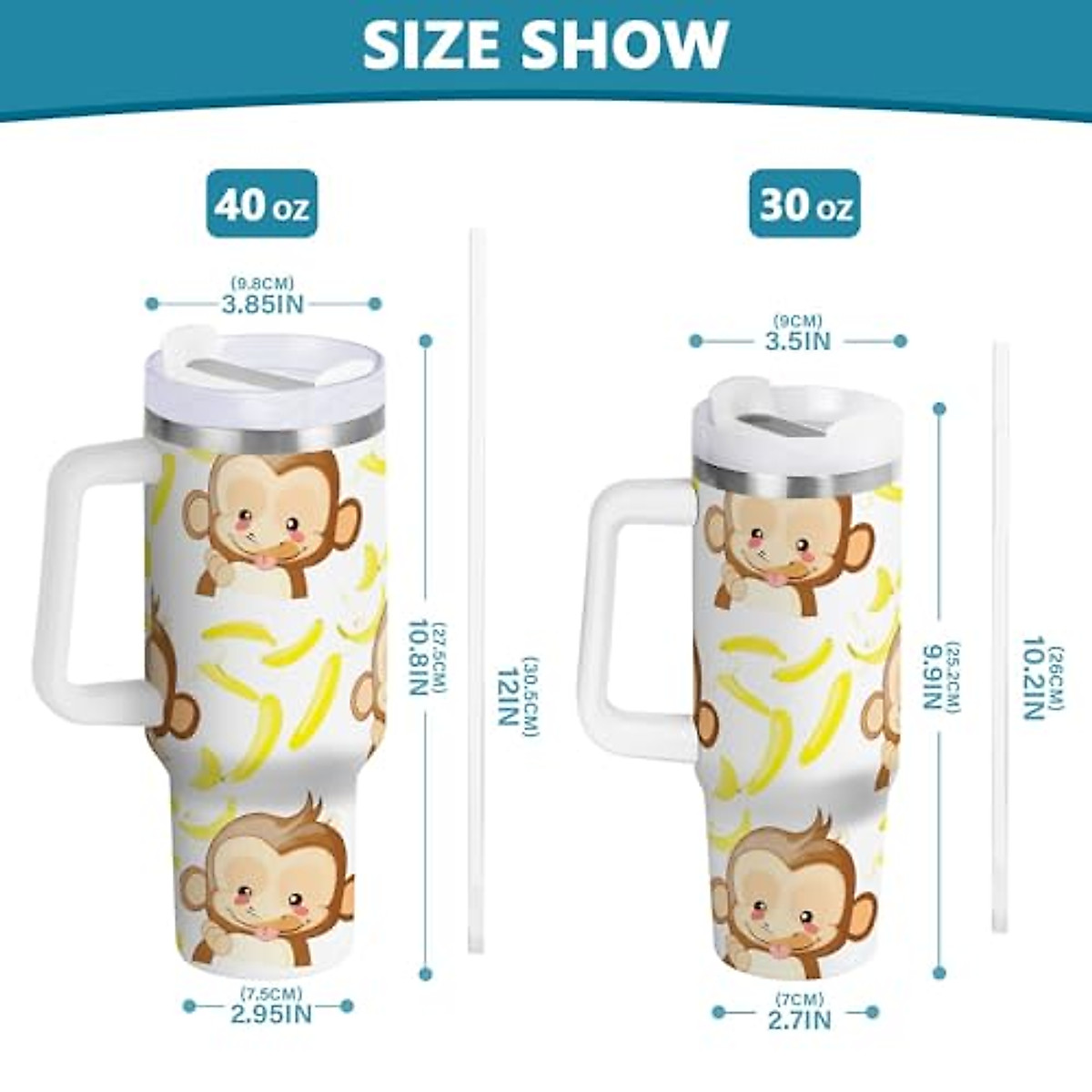Stainless Steel Vacuum Insulated Tumbler 40 Oz with Handle and Straw, Cute Monkey Banana Travel Coffee Tumbler