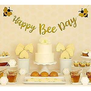 Happy Bee Day Banner and Gold Glitter Happy Bee Day Cake Topper for Bumble Bee Themed Birthday Party Supplies by Topfun