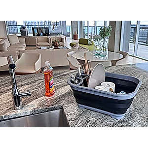 SAMMART 15L (3.96 Gallons) Collapsible Plastic Dish Drainer - Foldable Drying Rack - Portable Dinnerware Organizer - Space Saving Storage Tray for Kitchen, Camping (Grey/Black)