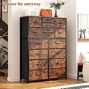 EnHomee 16 Drawer Dresser, Tall Dresser for Bedroom with Wooden Top and Sturdy Metal Frame, Large Dressers & Chest of Drawers for Bedroom Closet Living Room Entry,57.1"Hx 37.4"W x 11.8"D, Rustic Brown