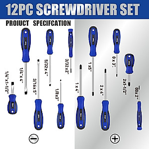 Sinoer 12-Pieces Magnetic Screwdrivers Set, 6 Phillips and 6 Flat Head Tips,Chrome Vanadium steel,Screwdriver Set for Home Repair and DIY