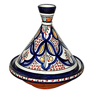 Moroccan Handmade Serving Tagine Ceramic With Vivid colors Original 8 inches Across White & Blue