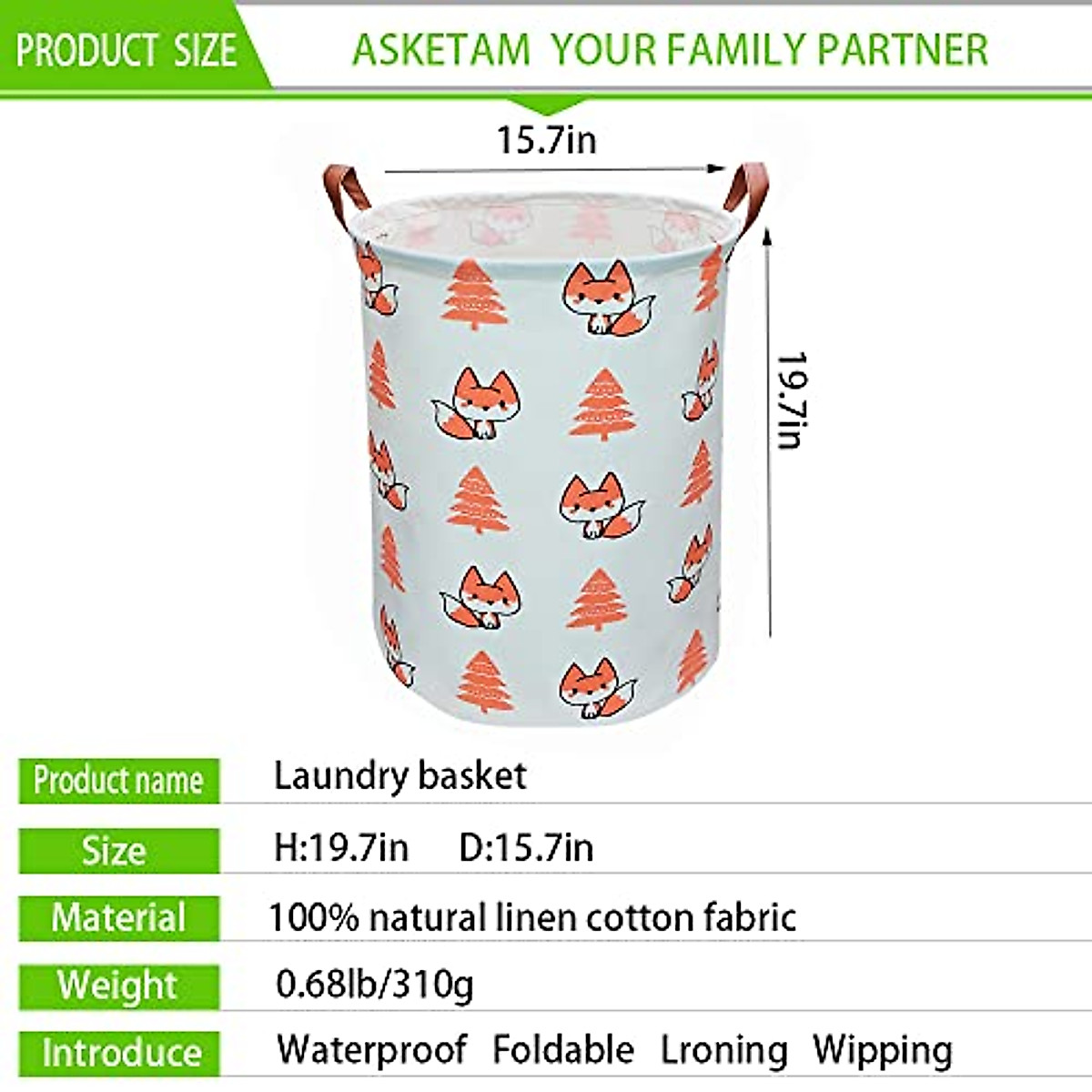 ASKETAM Canvas Fabric Collapsible Kids Baby Laundry Basket Children Nursery Bedroom Dirty Clothes Hamper Storage Bin Toy Organizer (Fox little pine)
