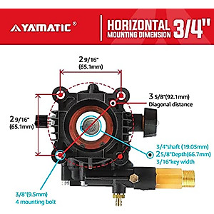 YAMATIC Horizontal Pressure Washer Pump 3/4" Shaft - Max 3300 PSI @ 2.5 GPM - Original Engineering for Most Brand power washer