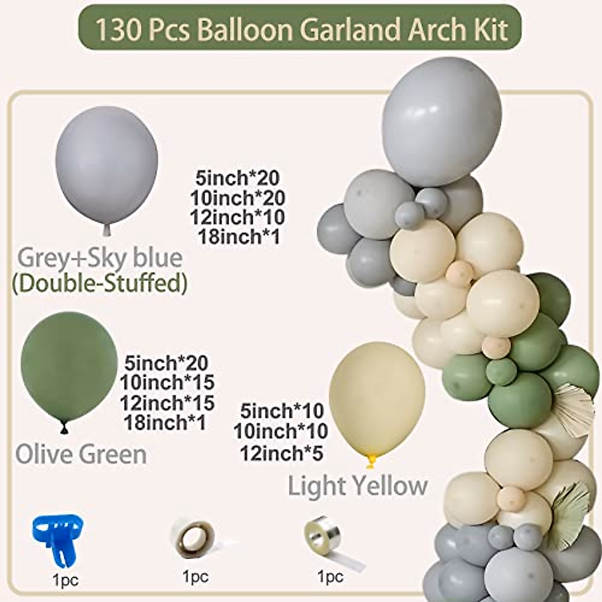 130Pcs Sage Green Balloons Garland Arch Kit Double-Stuffed Blue Ballons and Retro Olive Green Light Yellow Ballons for Party Decorations Birthday Bridal Baby Shower Tropical Bachelorette Party…