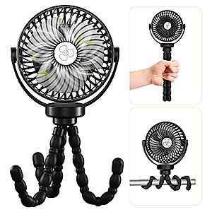 VASG Battery Operated Stroller Fan, Handheld Mini Fan clip on fan with Flexible Tripod, Battery Powered Baby Fan, 3 Speeds Rotatable Personal Fan for Crib Bike Car Seat, Black