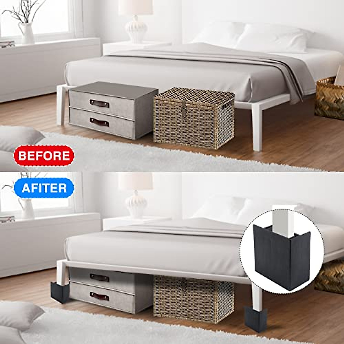 Tocawe Bed Risers 4 Inch Heavy Duty 8 Pack, Furniture Risers with Rubber Pads Supports Up to 6600 Lbs, Upgrade Rectangle Couch Risers L Shape for Sofas, Couch, Desk or Chair (Black)