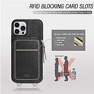 ZVE iPhone 13 Pro Wallet Case, iPhone 13 Pro Crossbody Case with Leather RFID Blocking Card Holder Crossbody Strap, Zipper Protective Cover Designed for Apple iPhone 13 Pro 6.1"-Black