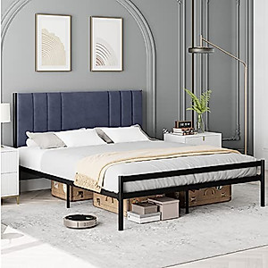 Homhougo Twin Bed Frame, Platform Bed Frame with Velvet Headboard, Heavy Duty Metal Bed Frame with 15 Strong Slats Support, Box Spring Optional, Easy Assembly, Grey