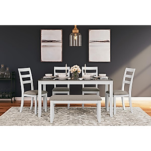 Signature Design by Ashley Stonehollow Modern Farmhouse Dining Table with Upholstered Chairs and Bench, Set of 6, White & Gray
