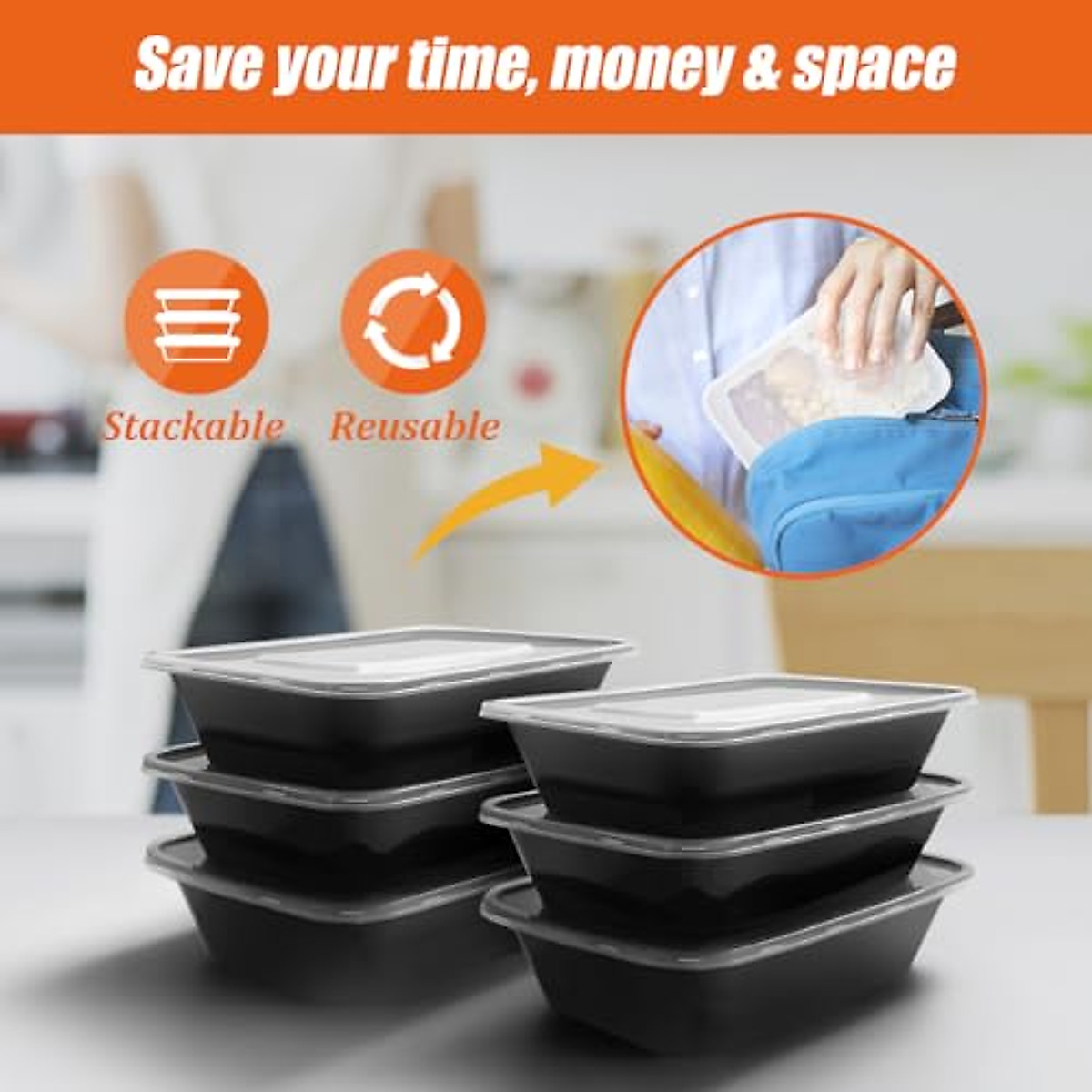 Teivio 35Pack 16oz Disposable Meal Prep Containers, Plastic Food Storage Containers with Lids, Leak proof, Microwave and Freezer Safe,for preparing lunch, snacks, salad or sandwiches (Black)