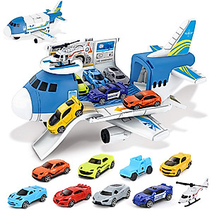 Siairo Airplane Toys- Aircraft Carrier Toy Helicopter Toy Set Car Track Cargo Plane for 3 4 5-7 Year Old Boys,9 in 1 Take Apart Cargo Plane Toys Including 8 Cars and 1 Helicopter, Gifts for Kids Boys