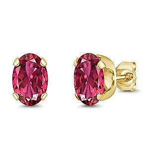 Gem Stone King 18K Yellow Gold Plated Silver Pink Tourmaline Earrings | 1.70 Cttw | Oval 7X5MM Stud Earrings | Gold Earrings for Women