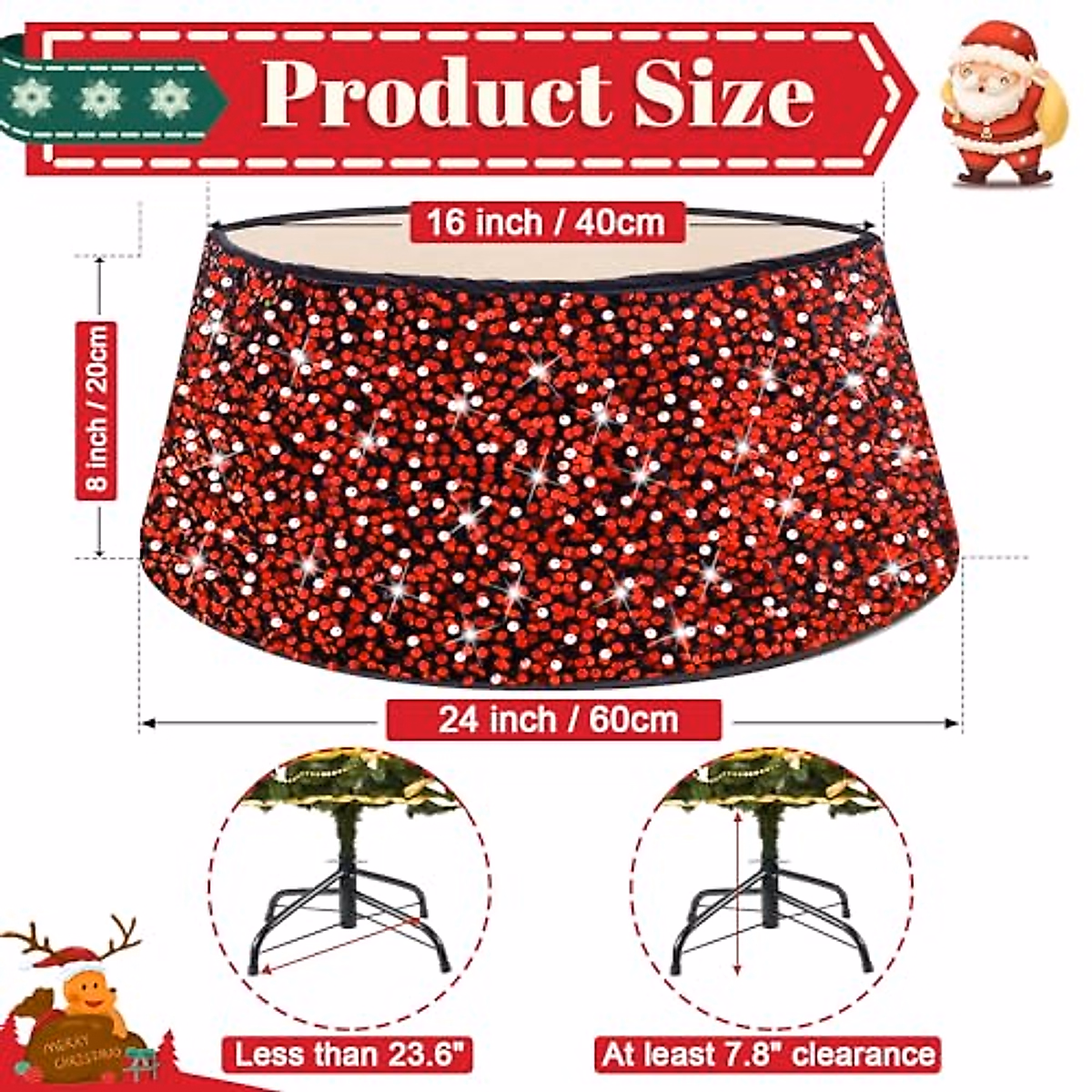 ROMANKAS Christmas Tree Collar Red and Black Glitter Xmas Tree Collar 23.6 Inch Sequins Christmas Tree Skirt Sparkle Tree Base Cover Bling Xmas Tree Ring for Holiday Party Christmas Decoration