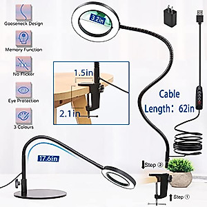 8X Magnifying Glass with Light and Stand, 2-in-1 Real Glass Lens Desk Lamp, 3 Color Modes Stepless Dimmable Magnifying Lamp & Clamp, Adjustable LED Lighted Magnifier for Reading, Crafts, Cross Stitch