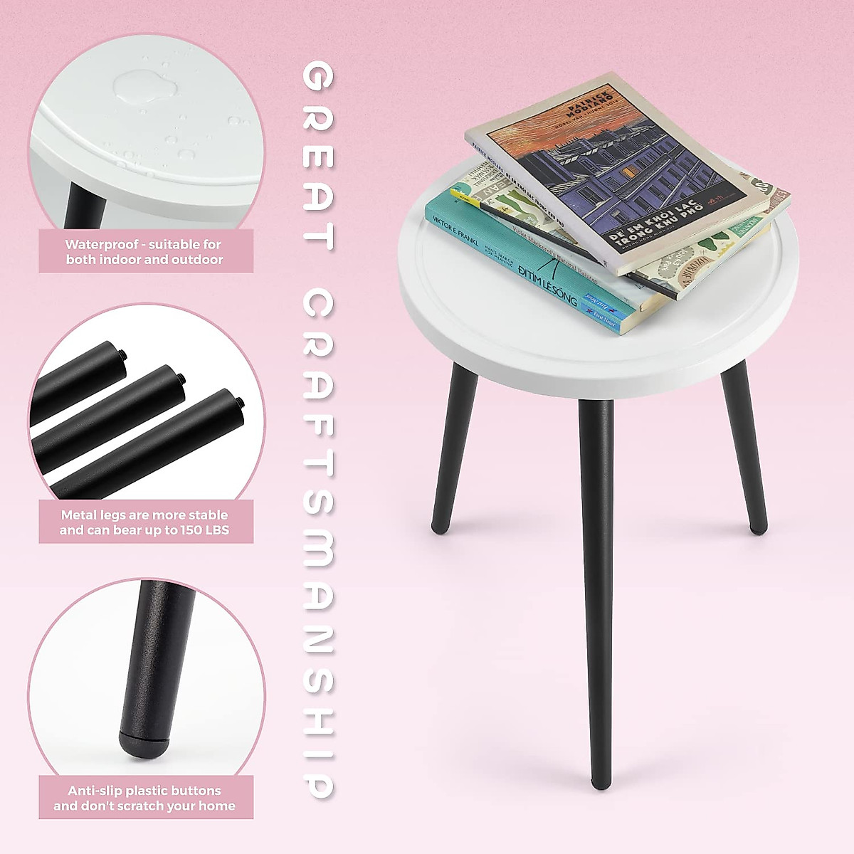 Indoor Plant Stand with Metal Legs, 16" Tall Plant Holder for Flower Pots, Mid Century Wooden Plant Stand Plant Table for Flower Pots, Modern Home Decor Small Round Side End Table (White Set 2)