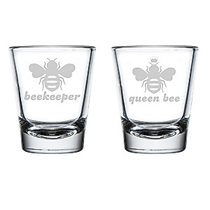 MIP Set of 2 Shot Glasses 1.75oz Shot Glass Queen Bee Beekeeper Funny Gift Couple His and Her, Bride and Groom, Wedding, Engagement, Anniversary, Bridal Shower