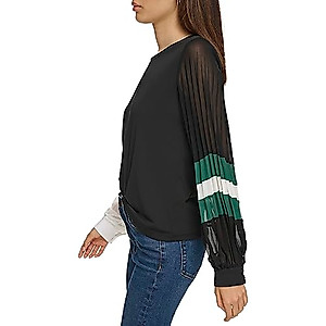 Karl Lagerfeld Paris Women's Long Sleeve Pleated Blouse, Black