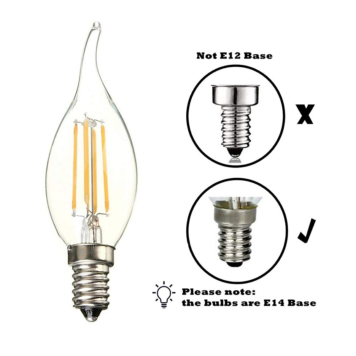 E14 Base LED Light Bulbs 4W CA11 Antique Candelabra Filament Candle Lamp Bulb, Energy Saving Warm White 2700K Vintage Style Flame Shape Bent Tip Bulb (10 Pack)