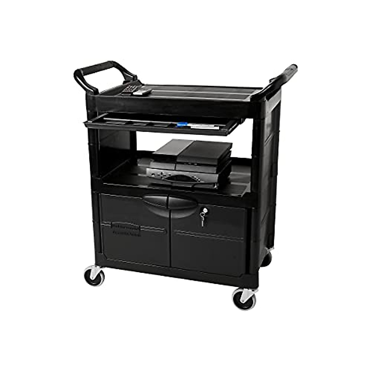 Rubbermaid Commercial Plastic Service and Utility Cart with Cabinet and Sliding Drawer, Black (FG345700BLA) 200 lbs