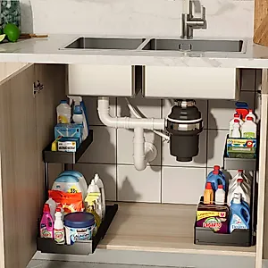 Under Sink Organizers and Storage 2 Packs, 2 Tier Pull Out Cabinet Organizer L-shaped, Sliding Under Bathroom Kitchen Sink Shelf, Multi-Purpose Organization and Storage for Bathroom Kitchen Cabinet