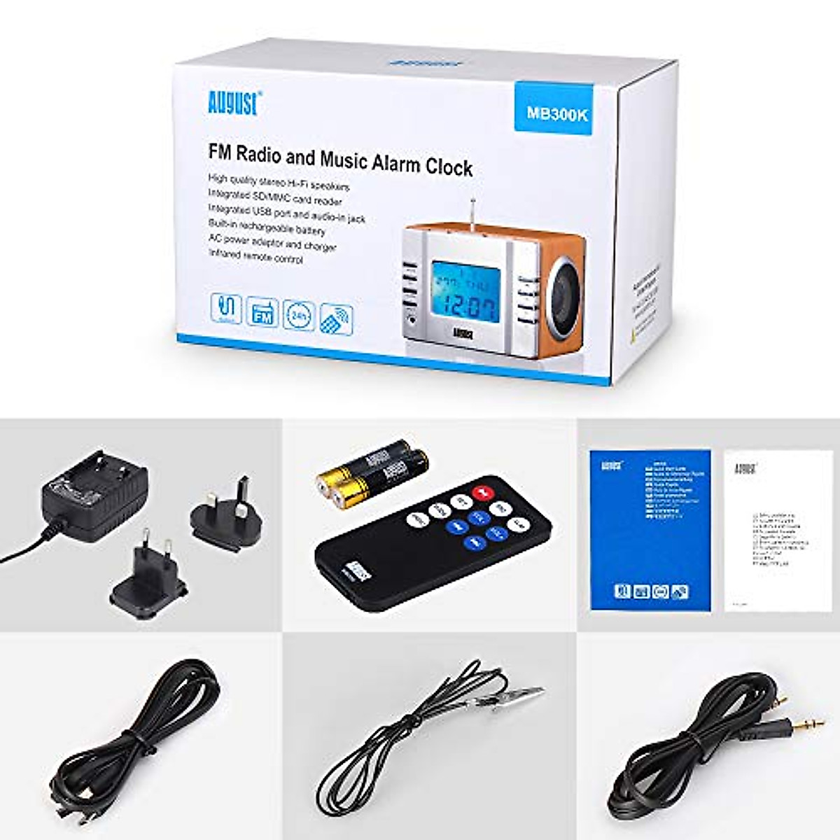 August MB300 Mini Wooden MP3 Stereo System and FM Clock Radio, with Card Reader, USB Port & AUX Jack (3.5mm Audio In), 2 x 3W Powerful Hi-Fi Speakers and Built-in Rechargeable Battery