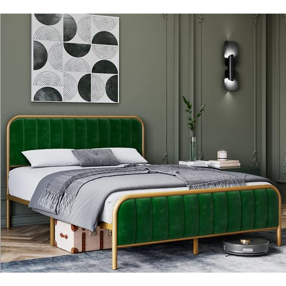 Senfot Queen Bed Frame Modern Upholstered Platform with Velvet Headboard and Gold Frame, Wooden Slat Support No Box Spring Needed in Gold and Green