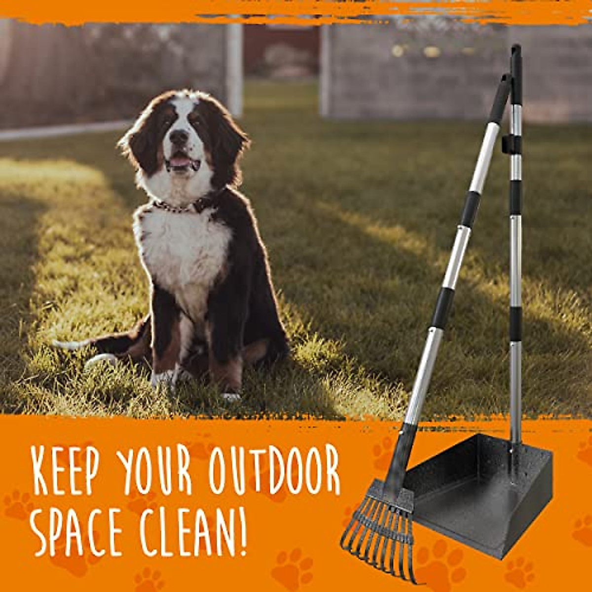 Mighty Paw Dog Pooper Scooper | Large Heavy Duty Tray & Rake Set. Long Adjustable Metal Poles for Comfortable Pet Poop, Waste & Yard Debris Pickup. Easily Scoop on Grass, Sand, Gravel Or Concrete