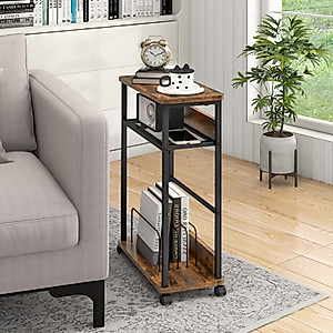 Livofloral Narrow Side Table with Wheels, 3 Tier Small End Tables for Small Spaces, Sofa Table with Magazine Rack, Skinny Nightstand Table with Storage Shelf for Living Room, Bedroom, Brown