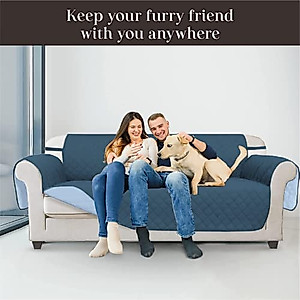 VANELUX Reversible Washable Sofa Slipcover Soft Quilted Water Resistant Couch Cover with Non Slip Foam and Elastic Straps Protector for Pets, Cats, Dogs, Kids(Blue/Light Blue, 4 Seater Sofa 88")