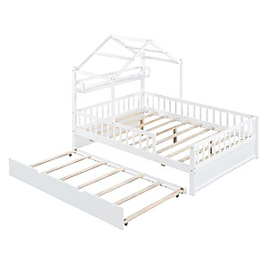 SIYSNKSI Full Size House Bed with Trundle, Wooden House Platform Bed with Shelf and Storage Headboard, Montessori Bed Playhouse Tent Bed Frame for Kids Girls Boys (White + Wood-87C)