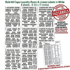 Talented Kitchen 162 Bold All Caps Laundry Room Labels Set. White Labels on Clear Backing. 162 Laundry, Linen Closet & Cleaning Supplies Vinyl Stickers. Organization Storage System