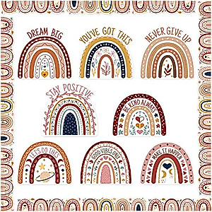 BeYumi 62Pcs Back to School Boho Rainbow Positive Sayings Cutouts Motivational Boho Rainbow Classroom Bulletin Borders Trim Decorations Set for School Home Wall Decor