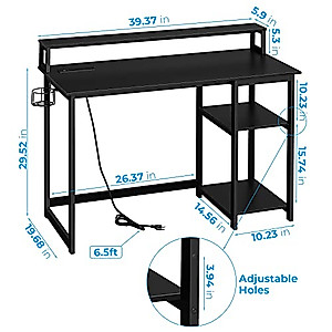 GreenForest Computer Desk with USB Charging Port and Power Outlet, Reversible Small Desk with Monitor Stand and Storage Shelves for Home Office, 40 in Work Desk with Cup Holder Hook, Black